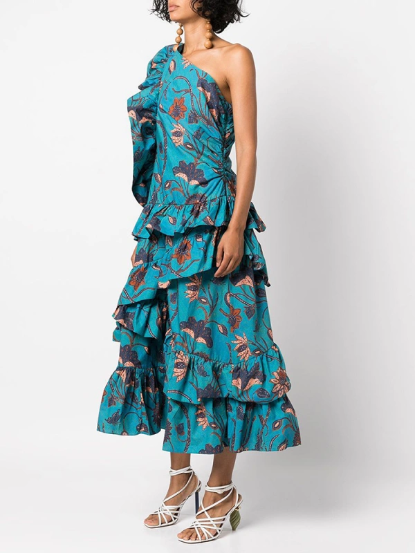 TWOTWINSTYLE Panel Contrast Shirred Ruffels Dresses