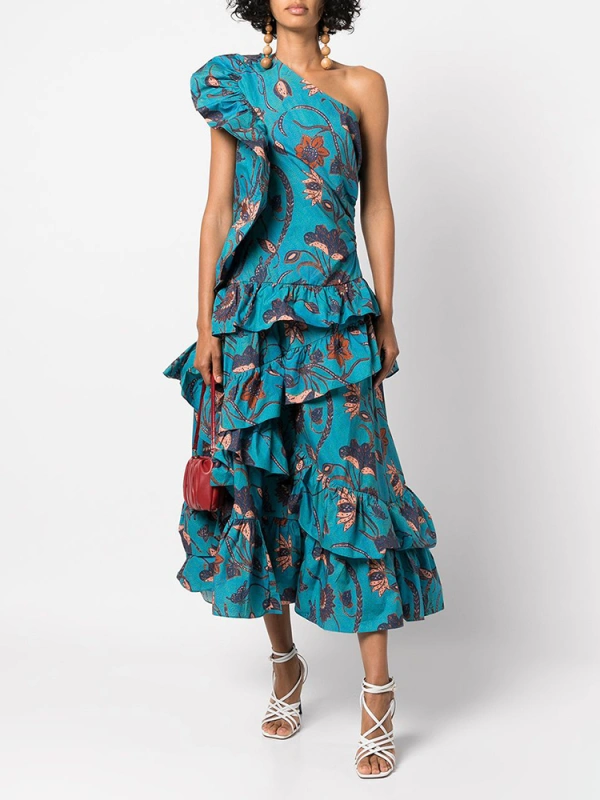 TWOTWINSTYLE Panel Contrast Shirred Ruffels Dresses