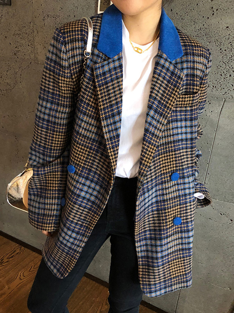 TWOTWINSTYLE Blue Gingham Colorblock Blazers For Women Notched Collar ...