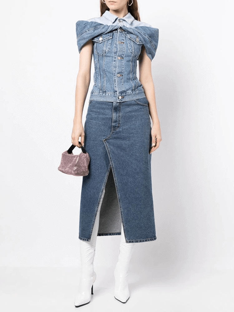 TWOTWINSTYLE Denim Jackets For Women Lapel short Sleeve Folds Patchwork ...