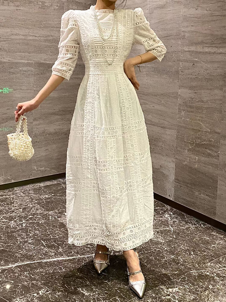 Twotwinstyle Solid Minimalist Lace Dresses For Women Stand Collar Puff