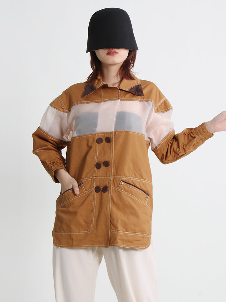 TWOTWINSTYLE Patchwork Sheer Mesh Jacket For Women Lapel Long Sleeve ...