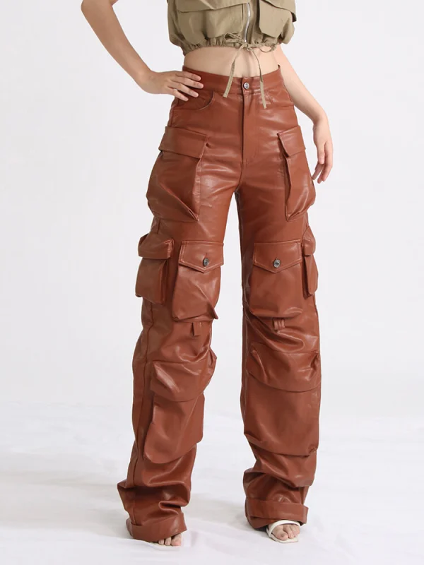 TWOTWINSTYLE Patchwork Pockets Leather Pants For Women High Waist ...