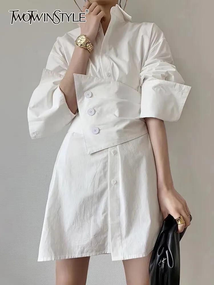 TWOTWINSTYLE Patchwork Button Dresses For Women Lapel Long Sleeve High ...