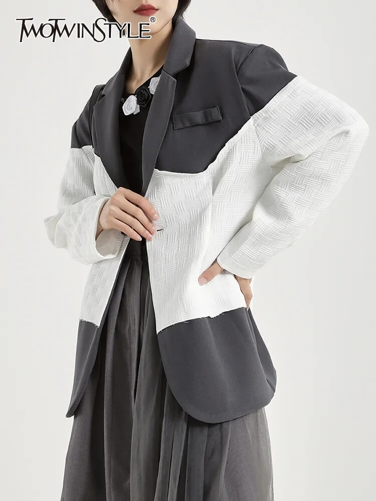 TWOTWINSTYLE Hit Color Spliced Single Button Blazers For Women Advanced ...