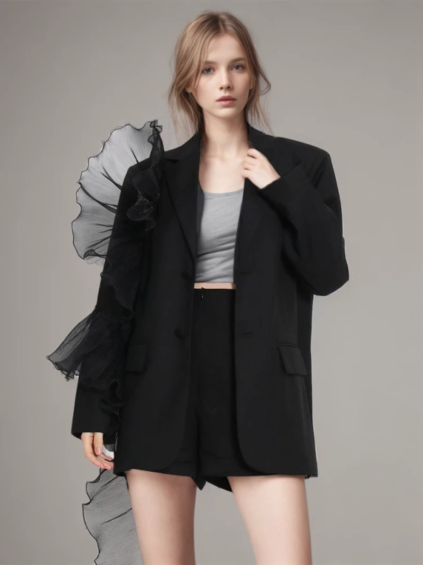 Asymmetrical Spliced Mesh Autum Women Blazer