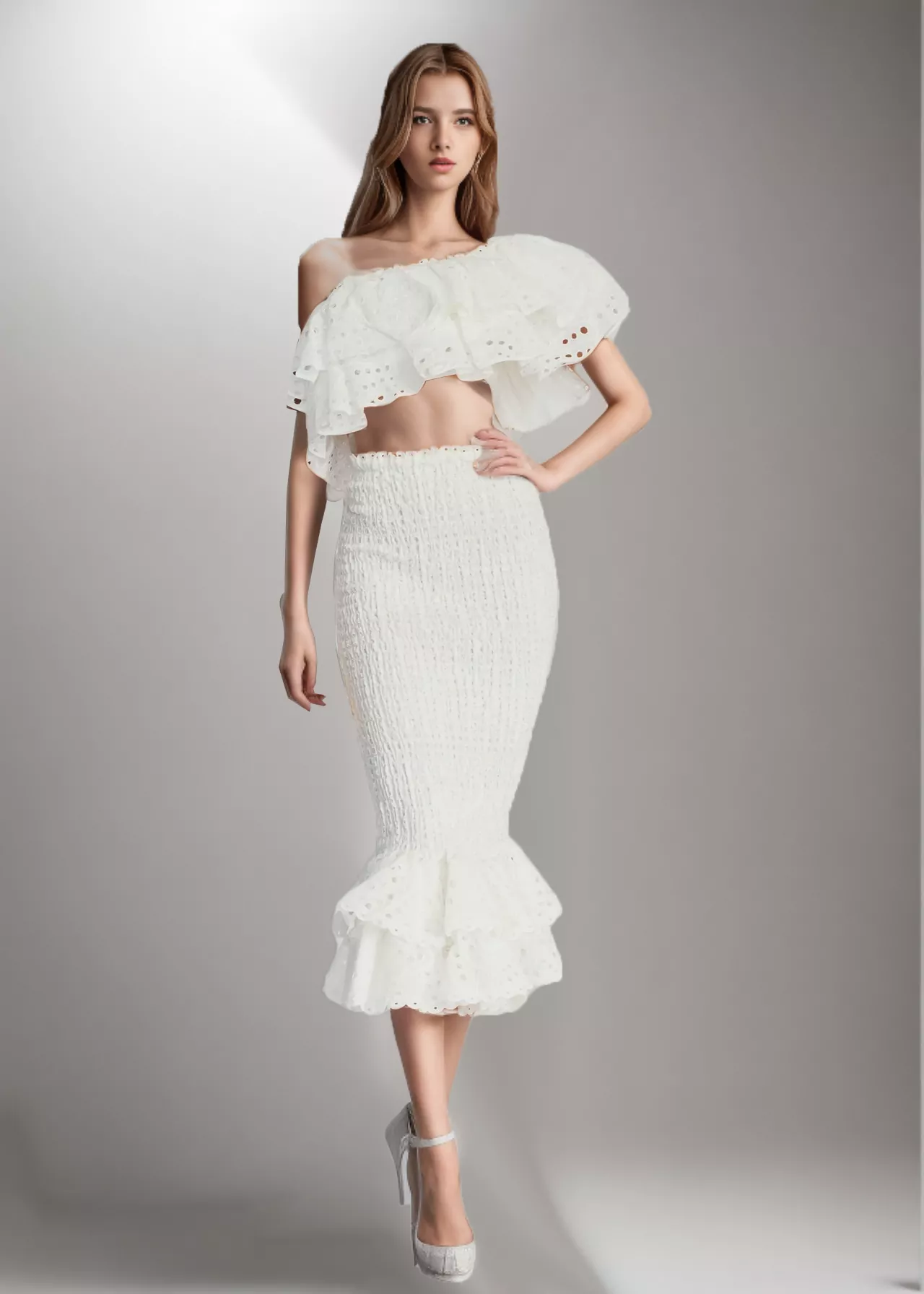 Ruffle Two Piece Set Skew Collar Off Shoulder Short Tops Midi New