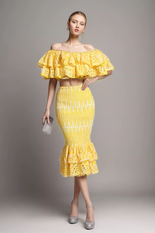 Ruffle Two Piece Set Skew Collar Off Shoulder Short Tops Midi New