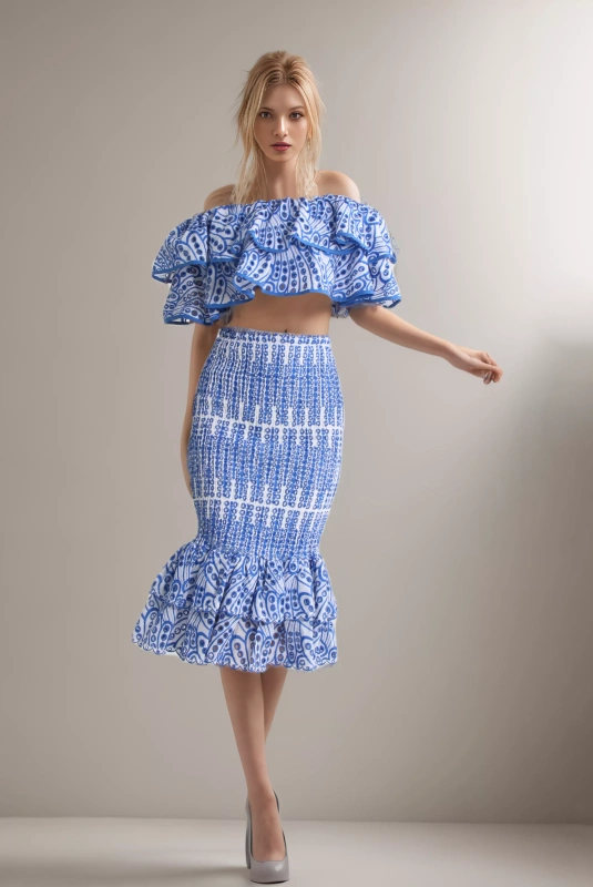 Ruffle Two Piece Set Skew Collar Off Shoulder Short Tops Midi New