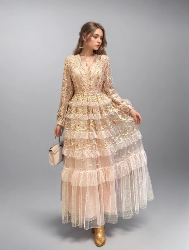 Embroidery Spliced Mesh Ruffles Maxi Women Dresses New