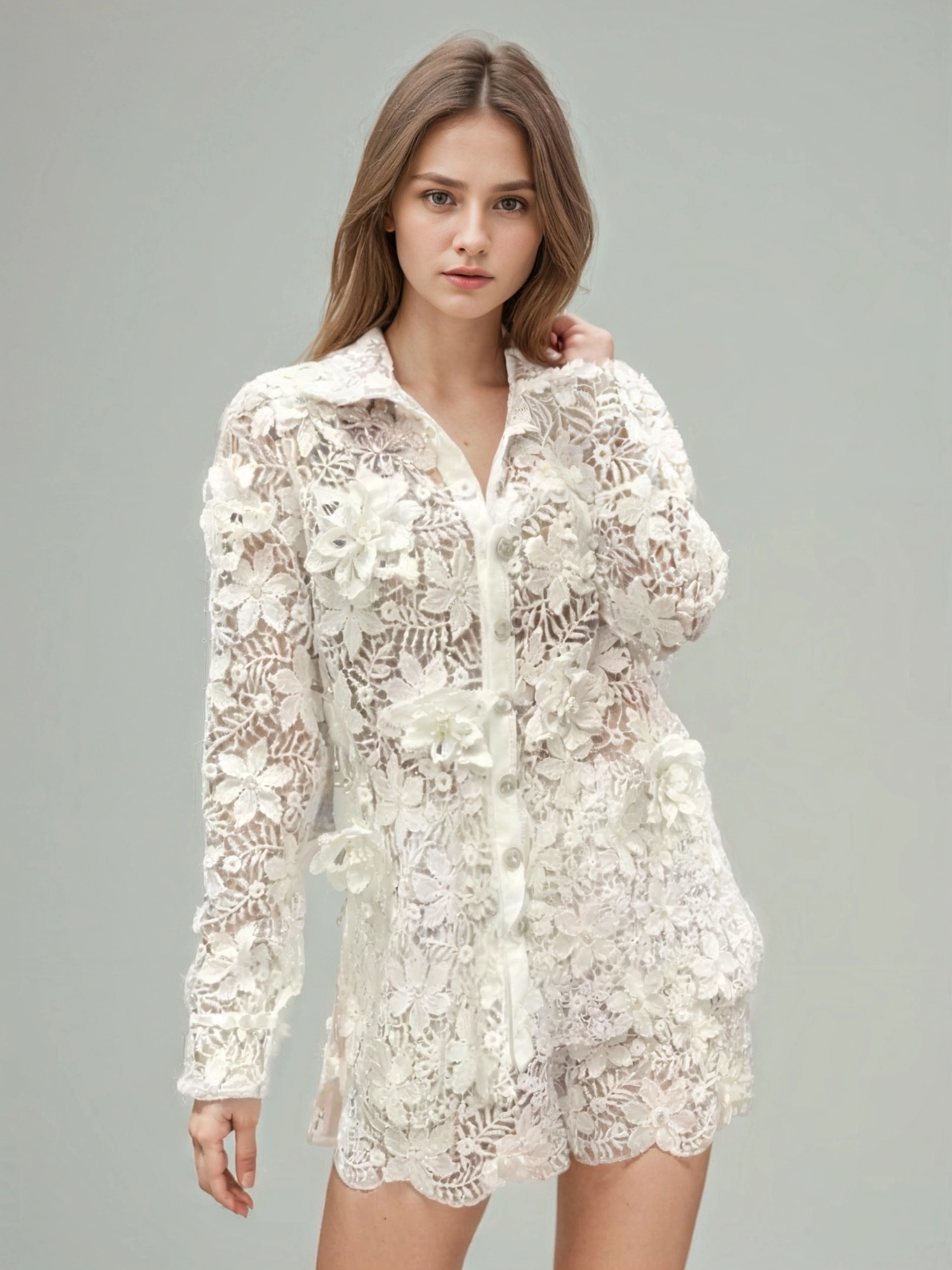 Embroidered Flower Long Sleeve Two Piece Set