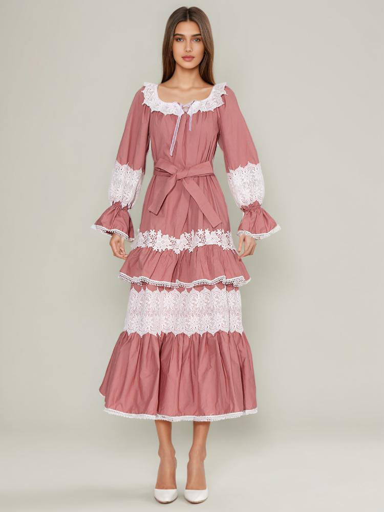 TWOTWINSTYLE Lace Patchwork Drawstring Long Sleeve Dress