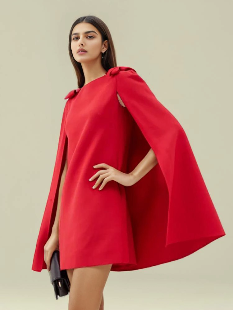 TWOTWINSTYLE Bow Cloak Solid Mini Dress