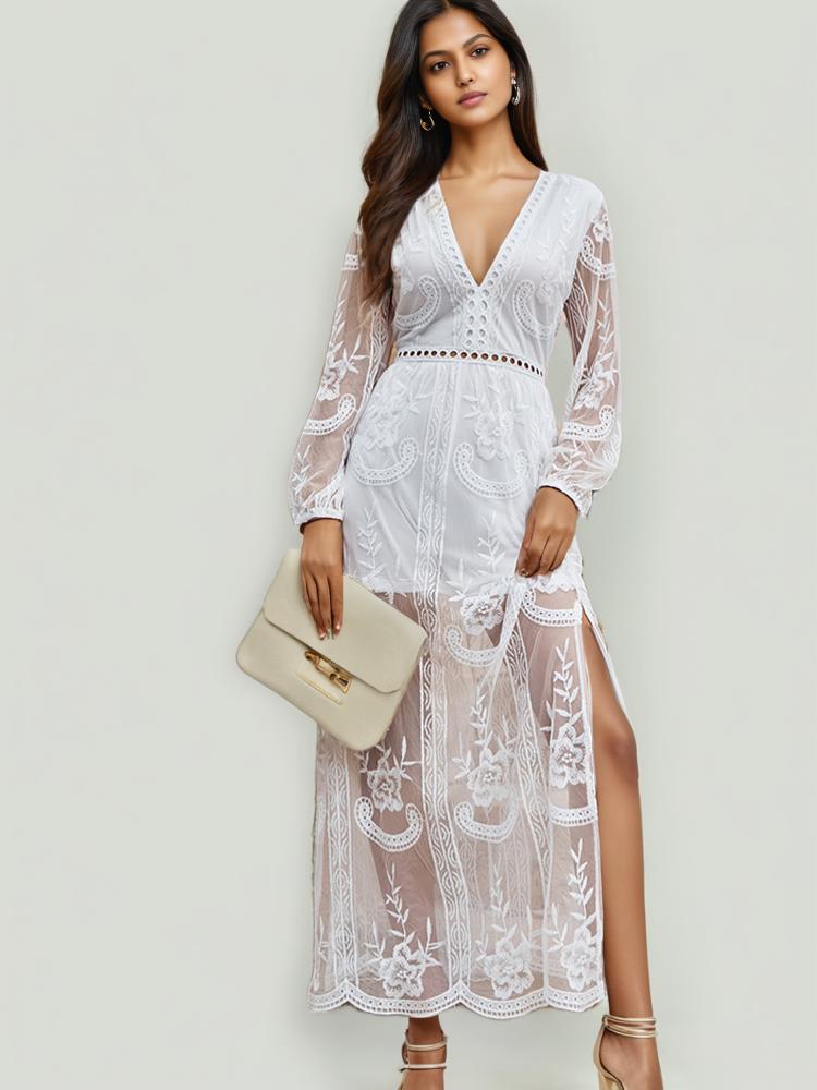 TWOTWINSTYLE V Neck Long Sleeved High Waisted Split Maxi Dress