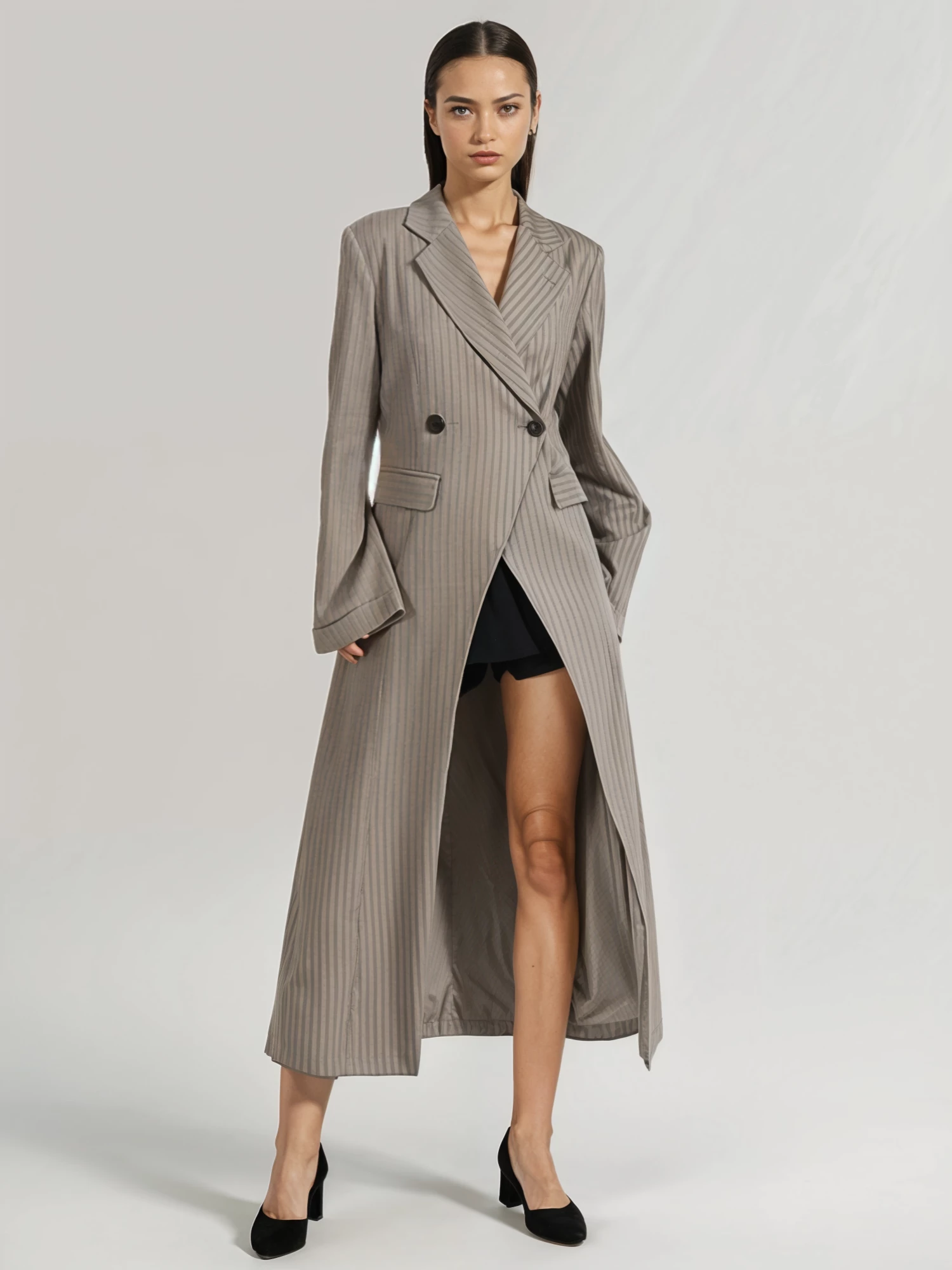 TWOTWINSTYLE Striped Slit Single Long Suit Jacket