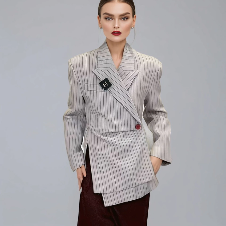 TWOTWINSTYLE Grey Striped Irregular Suit Jacket