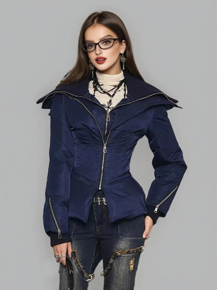 TWOTWINSTYLE Long Sleeve Pleated Waist Double Zipper Jacket