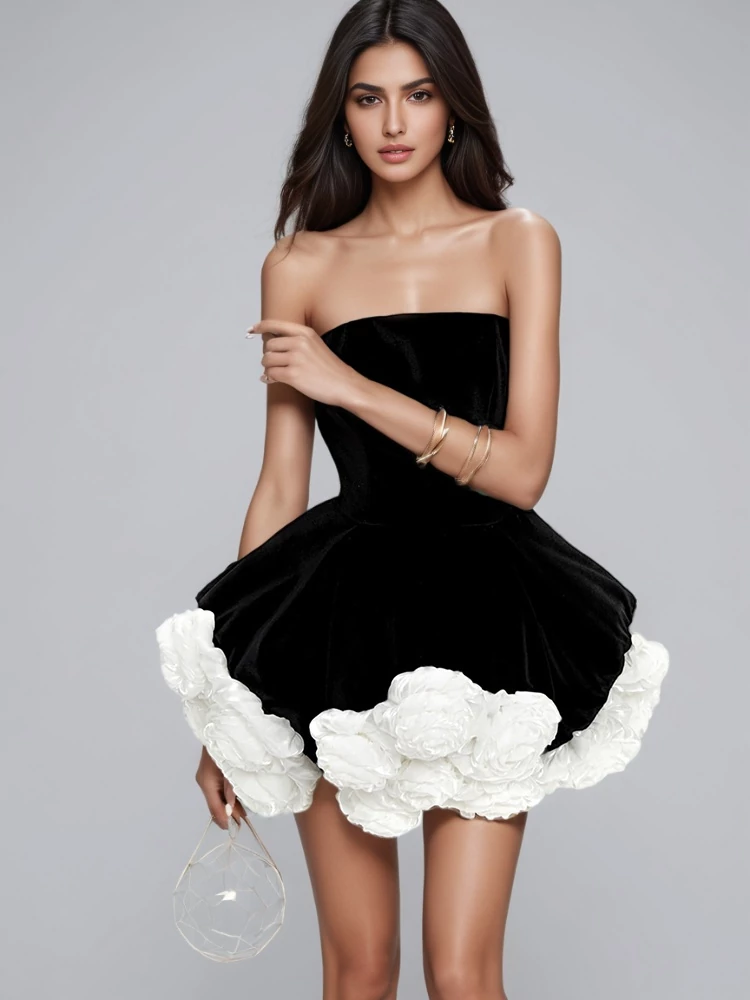 TWOTWINSTYLE 3D Dimensional Rose Patchwork Strapless Mini Dress