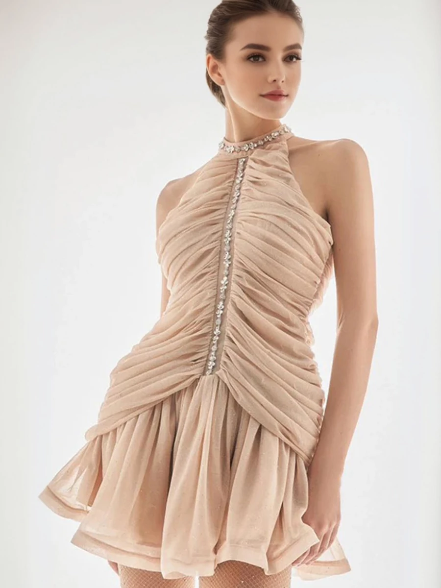 TWOTWINSTYLE Diamonds Light Luxury Mini Folds Dresses