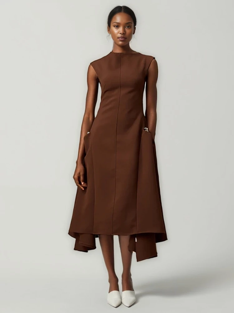 TWOTWINSTYLE Half High Neck Irregular Hem Sleeveless Maxi Dress