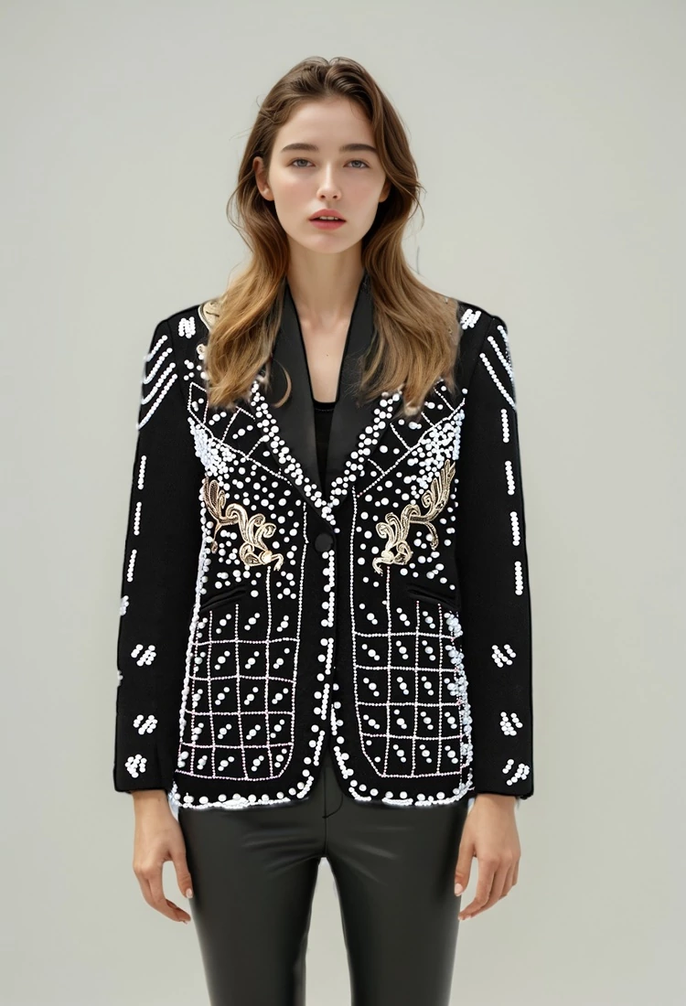 TWOTWINSTYLE Deep V Long Sleeve Diamonds Blazer