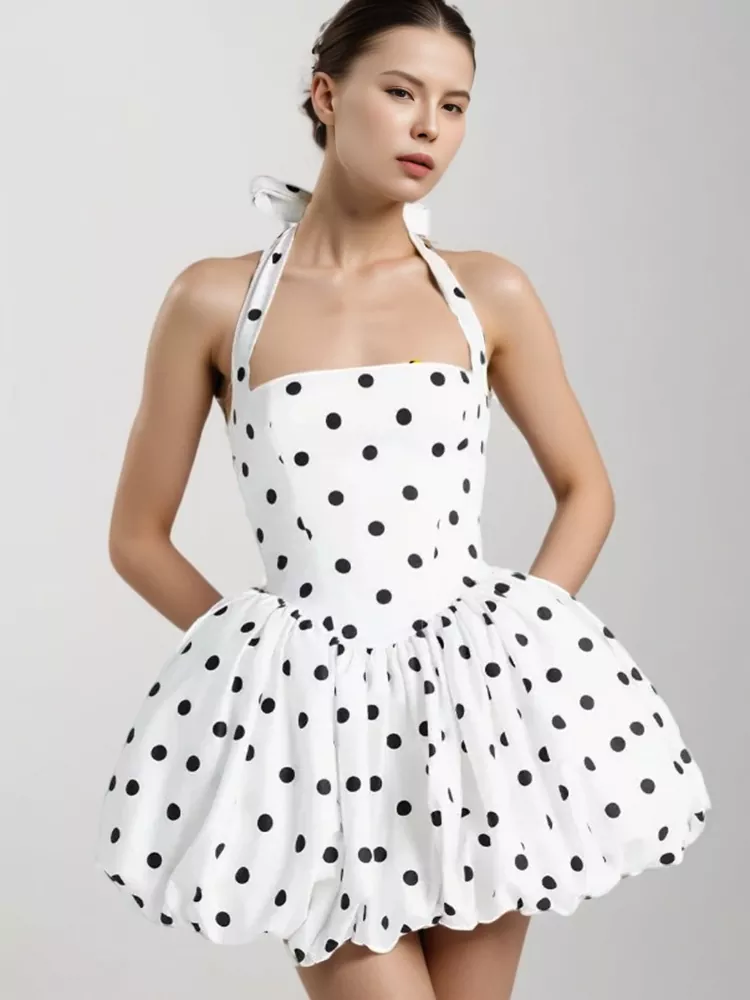 TWOTWINSTYLE Hanging Neck Fluffy Mini Dress