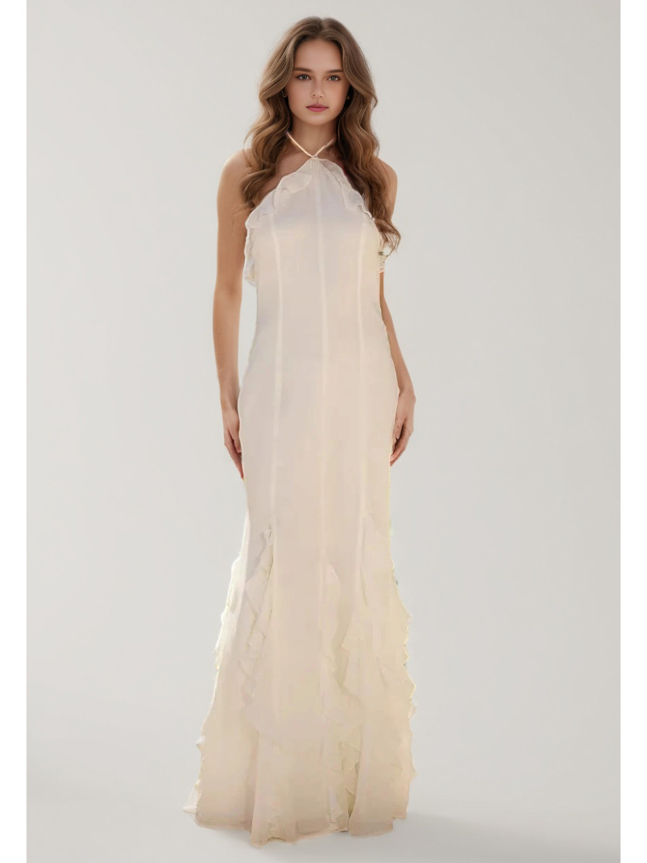 TWOTWINSTYLE Hanging Neck Solid Ruffles Long Dress
