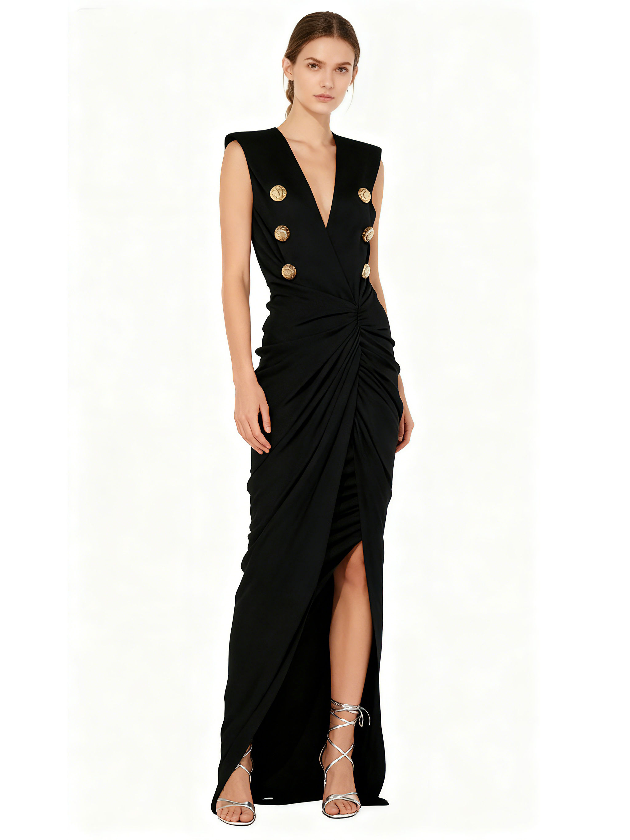 TWOTWINSTYLE Deep V-Neck Pleated Side Split Dress