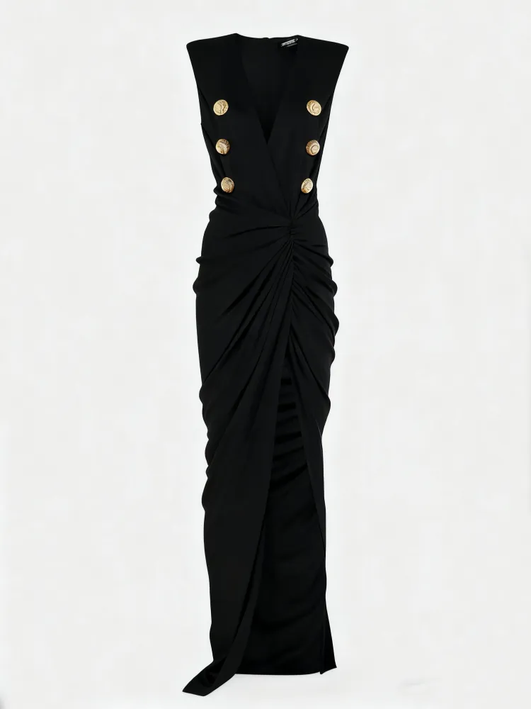 TWOTWINSTYLE Deep V-Neck Pleated Side Split Dress