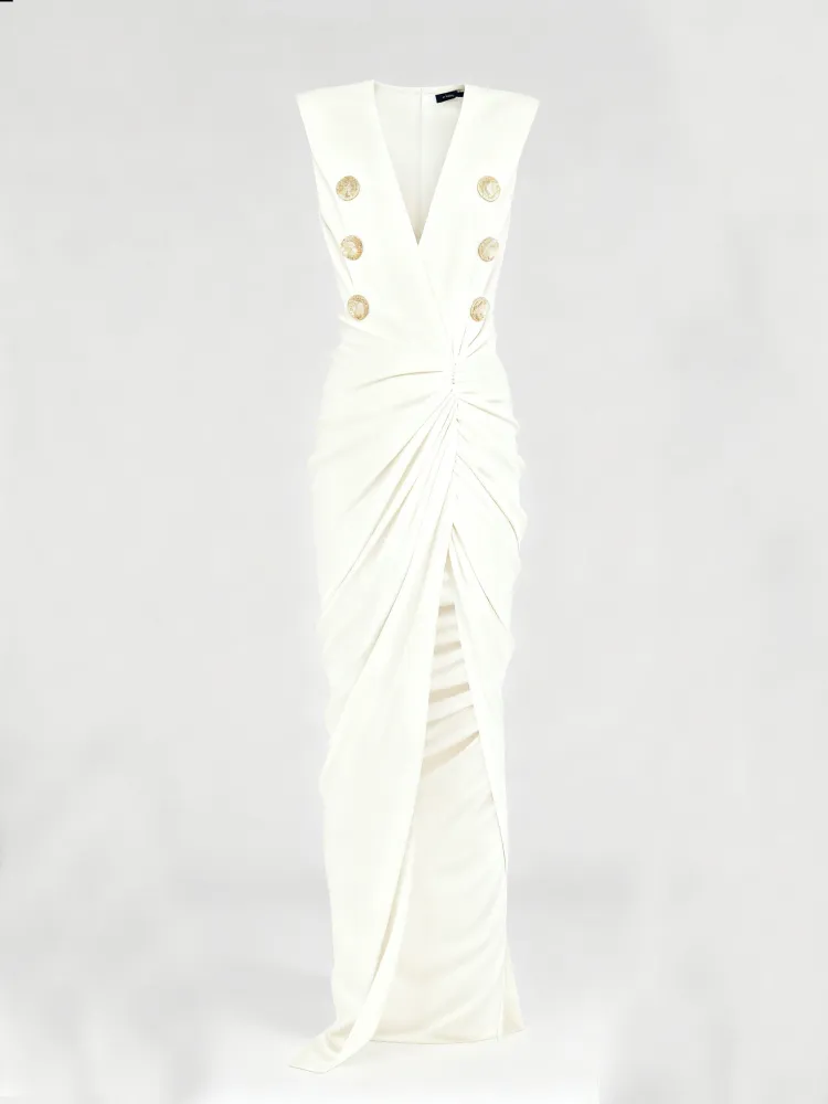 TWOTWINSTYLE Deep V-Neck Pleated Side Split Dress