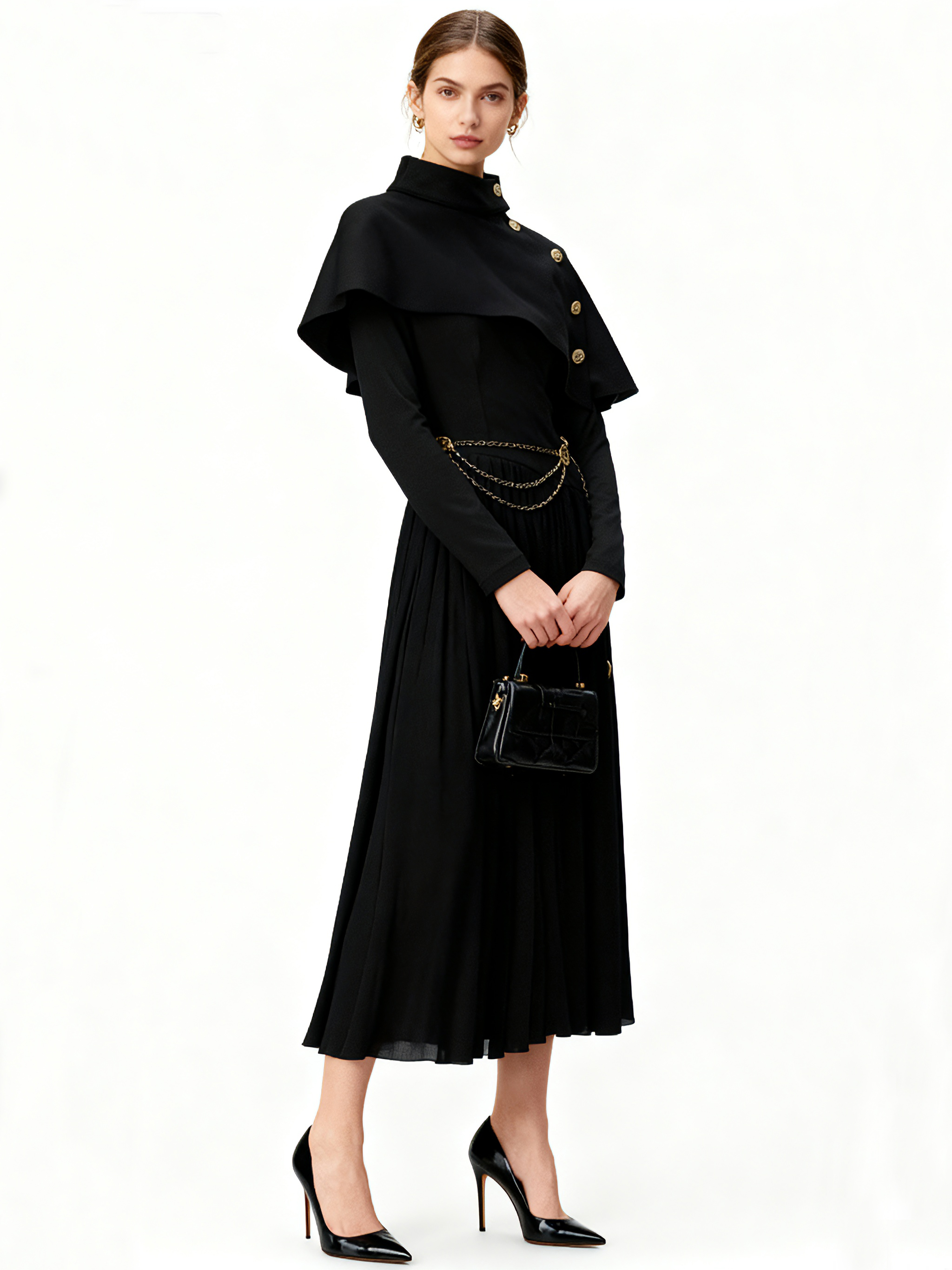 TWOTWINSTYLE Designer Stand Collar Tunic Spliced Metal Btton Dress