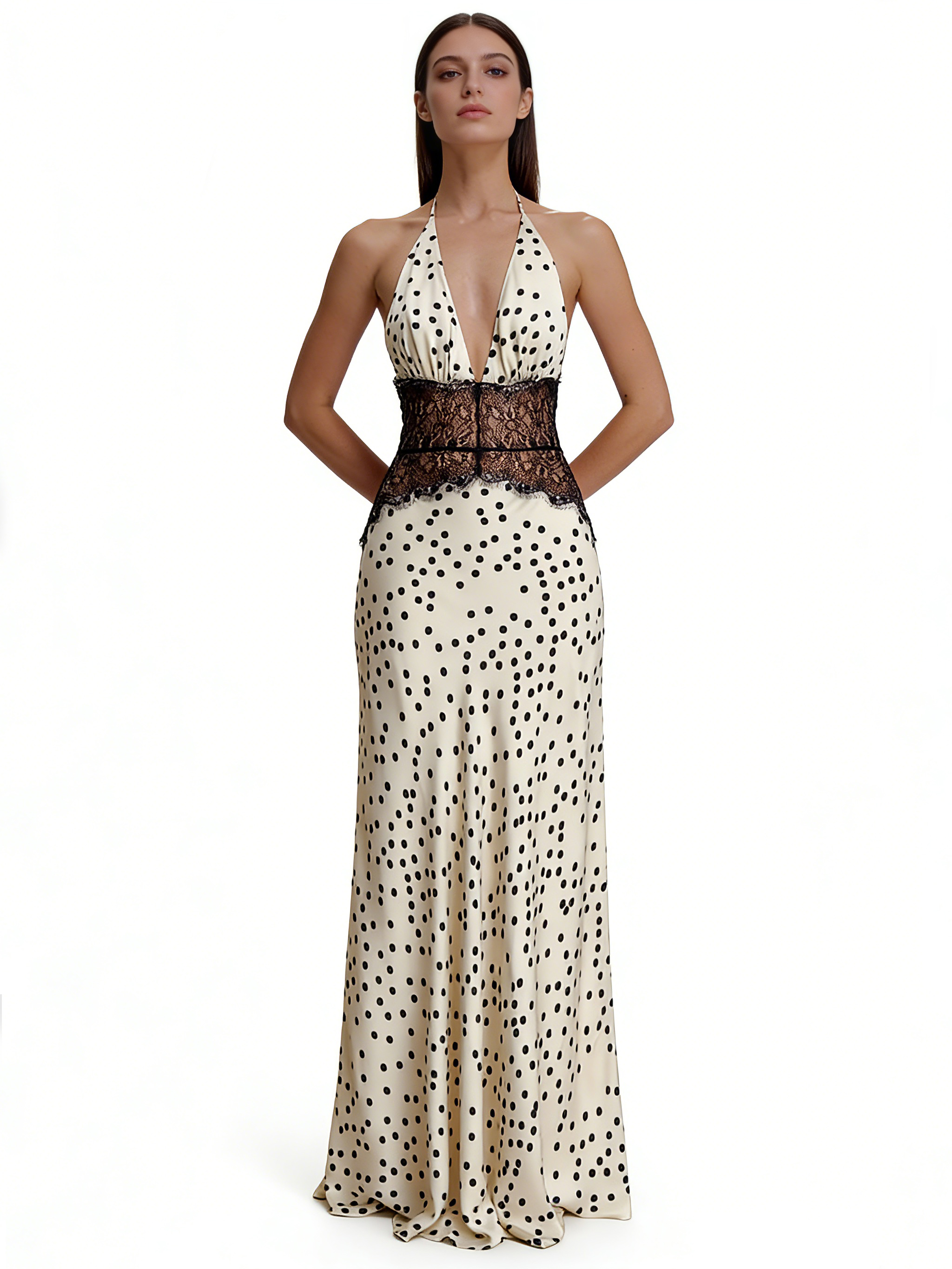 TWOTWINSTYLE Hit Color Patchwork Lace Wave Point Maxi Dress