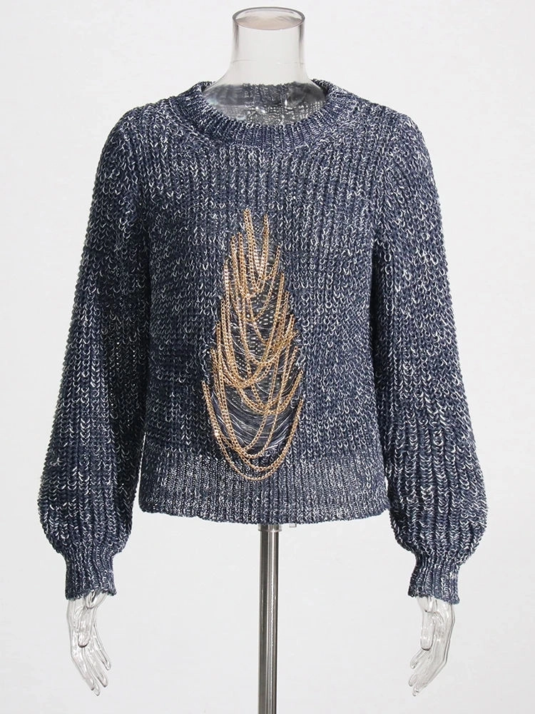 TWOTWINSTYLE Designer Spliced Chain Long Sleeve Sweater