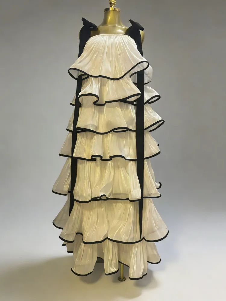 TWOTWINSTYLE Sleeveless Hit Color Ruffles Vintage Dress