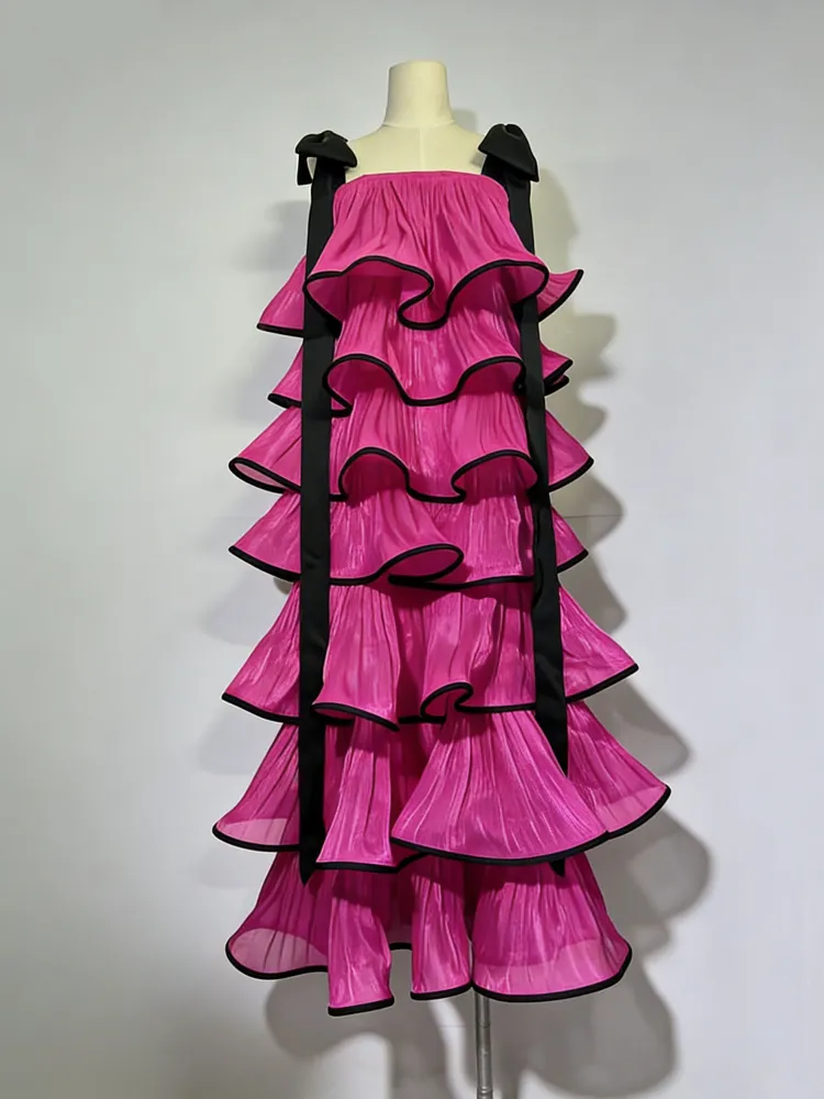 TWOTWINSTYLE Sleeveless Hit Color Ruffles Vintage Dress