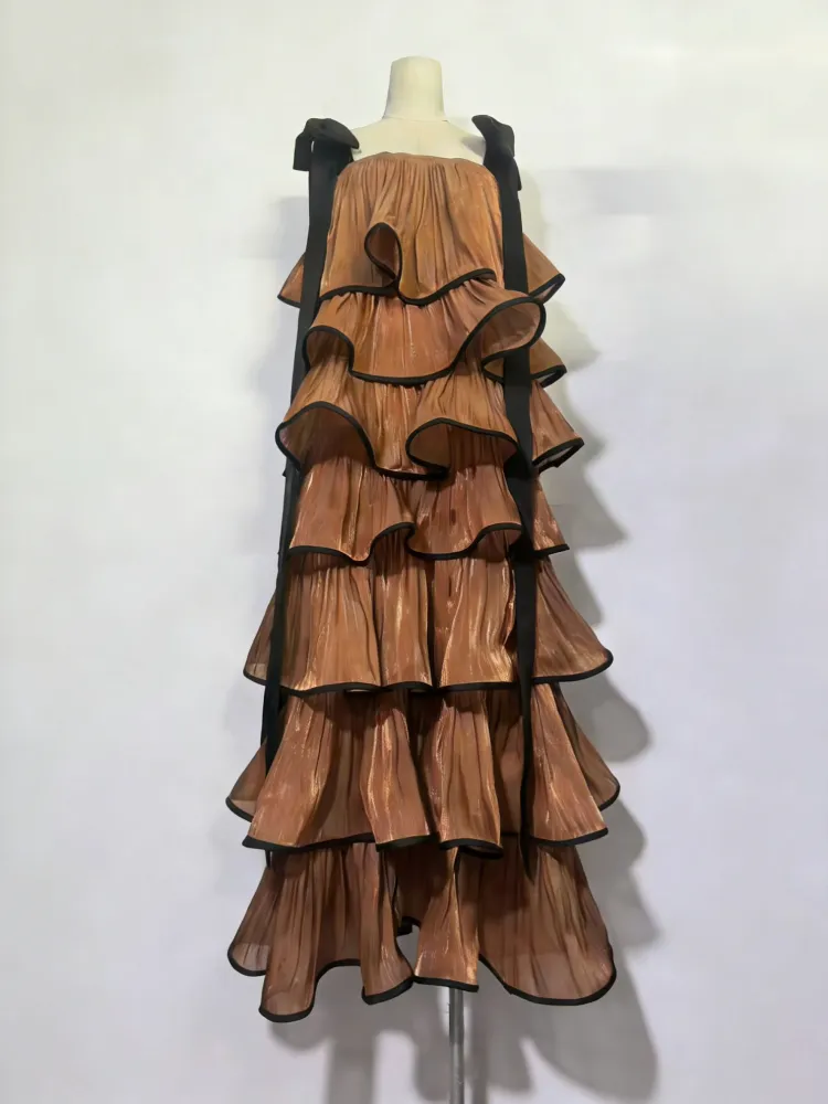 TWOTWINSTYLE Sleeveless Hit Color Ruffles Vintage Dress