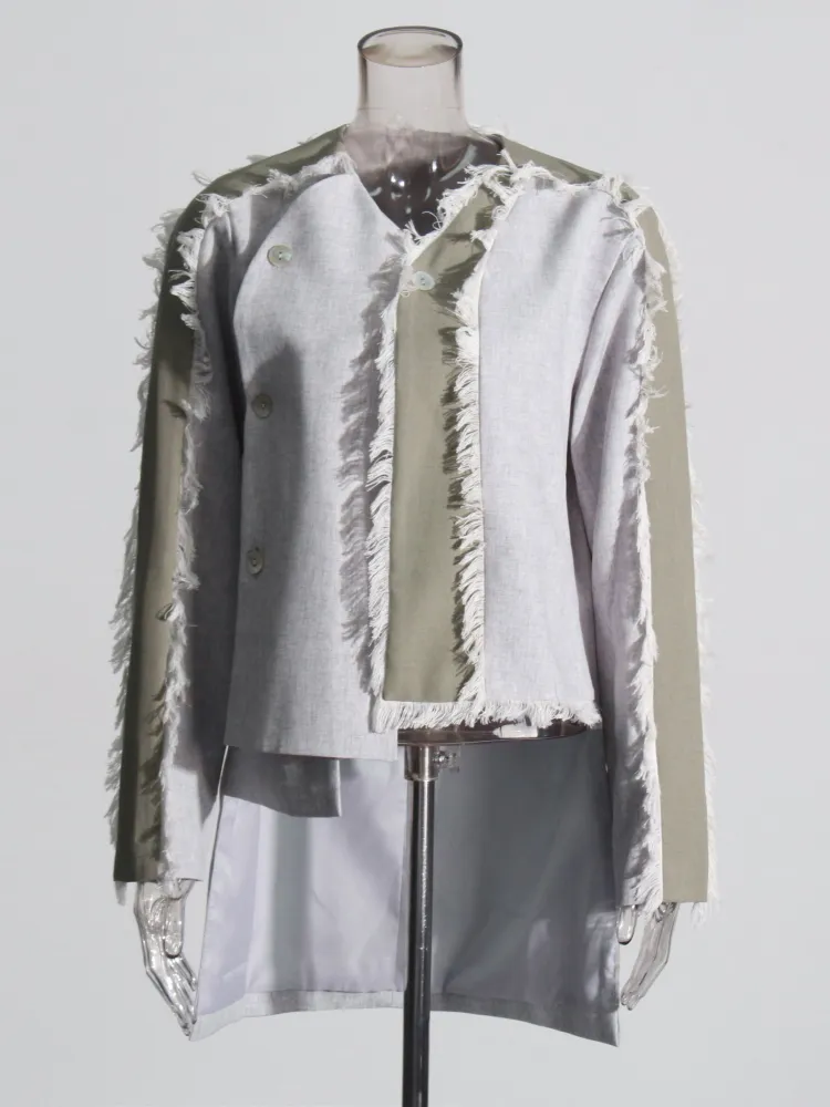 TWOTWINSTYLE Round Neck Hit Color Irregular Hem Coat