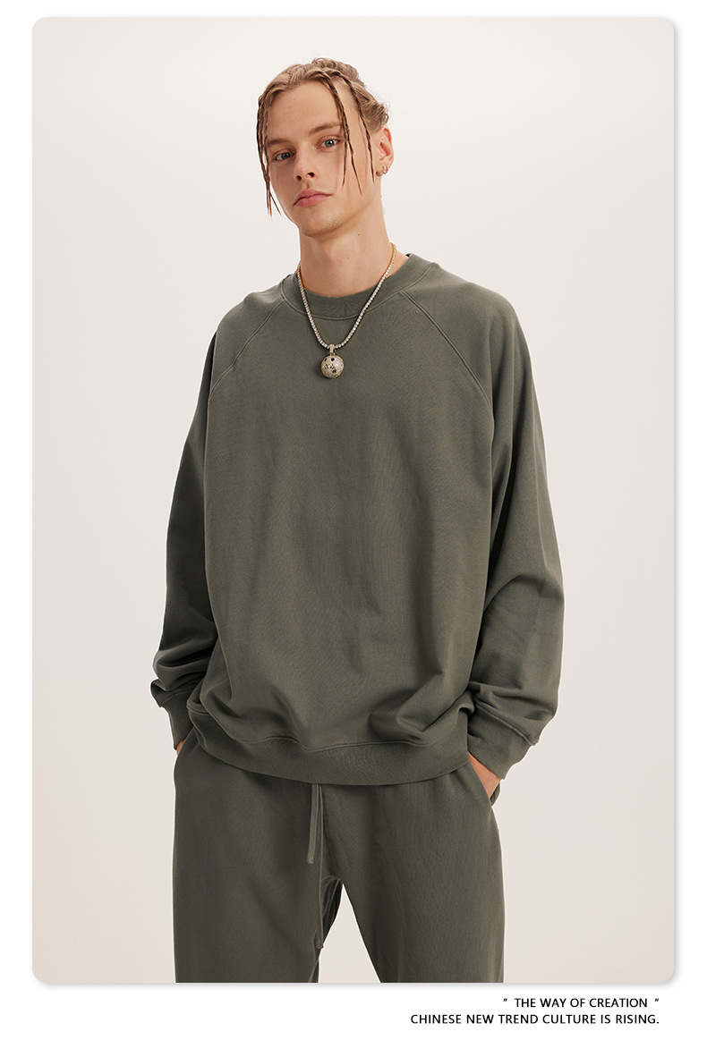 Earth color round neck horn sleeve American loose solid color sweater,T ...