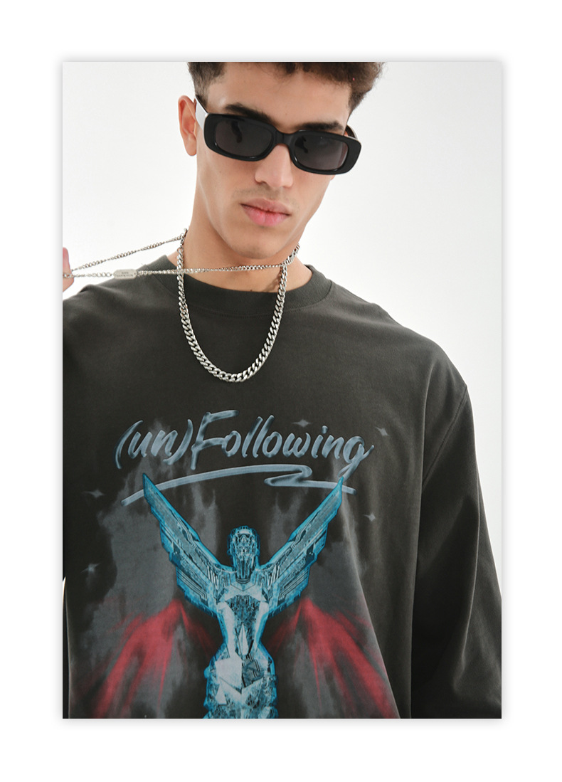 Long sleeved cotton crewneck T-shirt men's loose retro street small ...