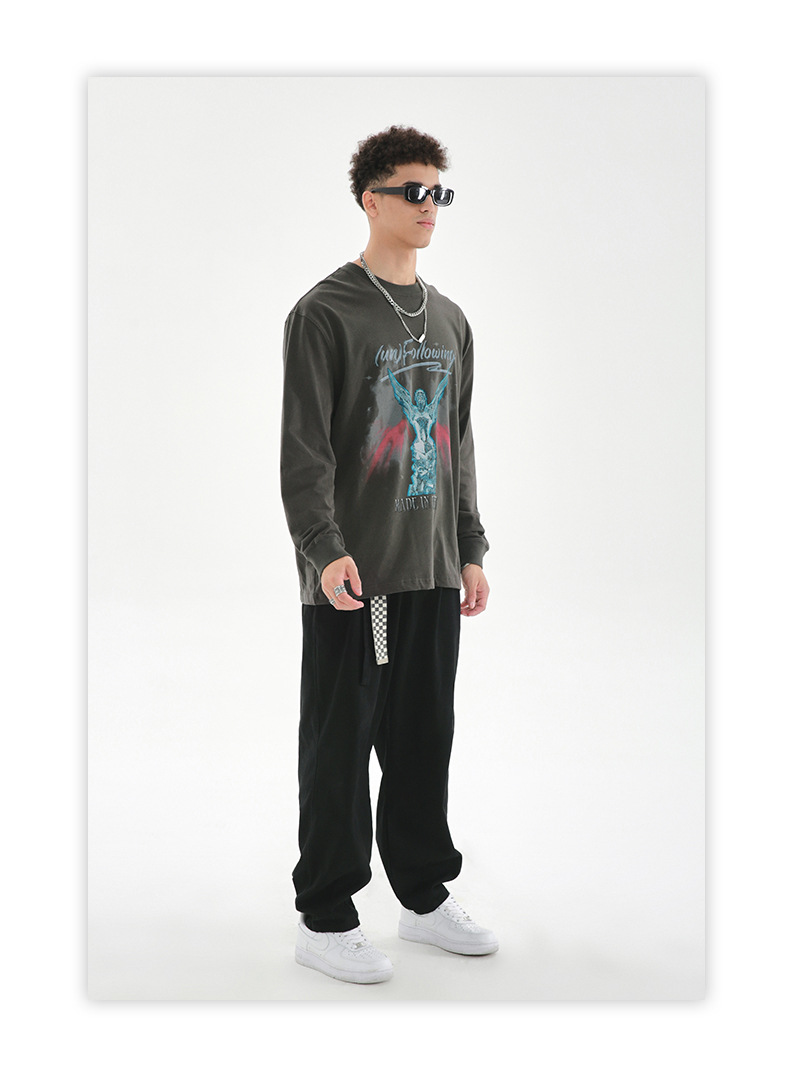 Long sleeved cotton crewneck T-shirt men's loose retro street small ...