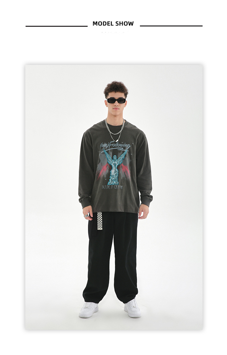 Long sleeved cotton crewneck T-shirt men's loose retro street small ...