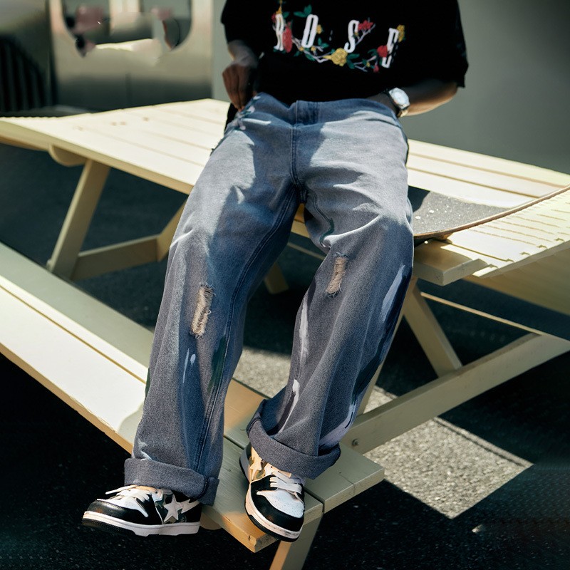 Street ink wash water wide leg jeans,Denim Jeans & Jacket