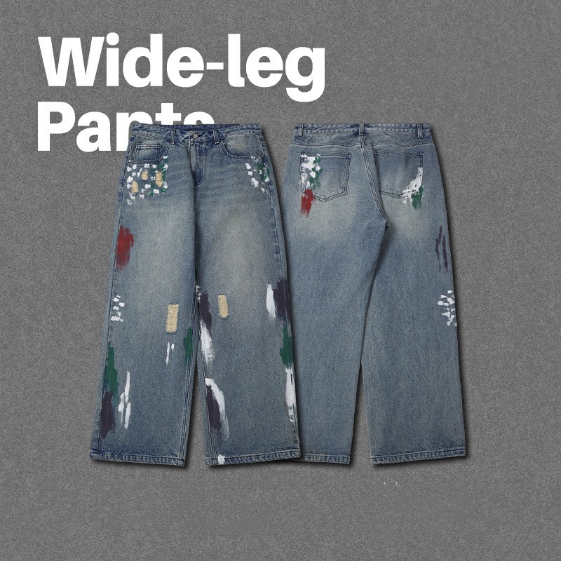 Street ink wash water wide leg jeans,Denim Jeans & Jacket