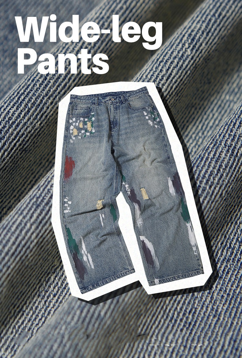 Street ink wash water wide leg jeans,Denim Jeans & Jacket
