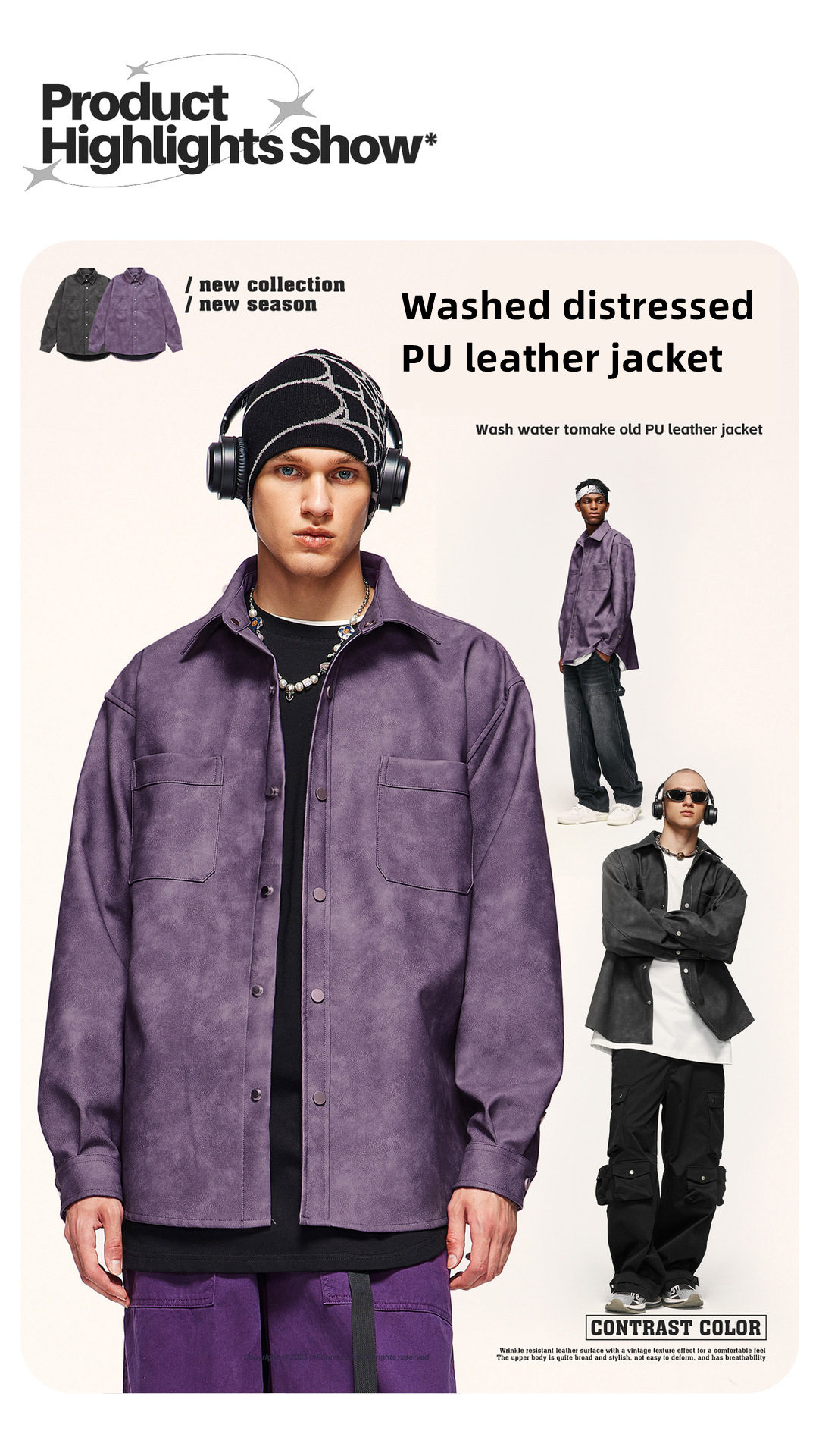 Distressed PU leather shirt jacket,Jacket & Coat