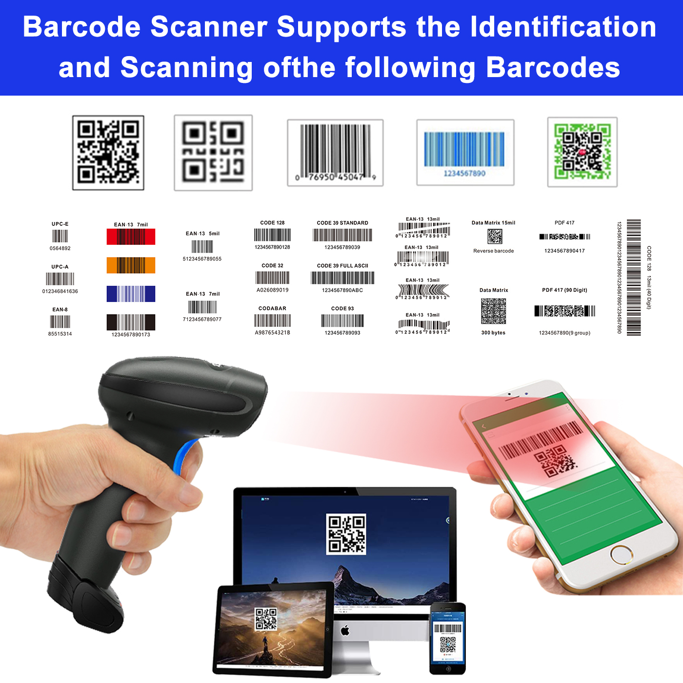 LENVII CW200 Bluetooth 2D Barcode Scanner Wired 2.4G Wireless Barcode ...