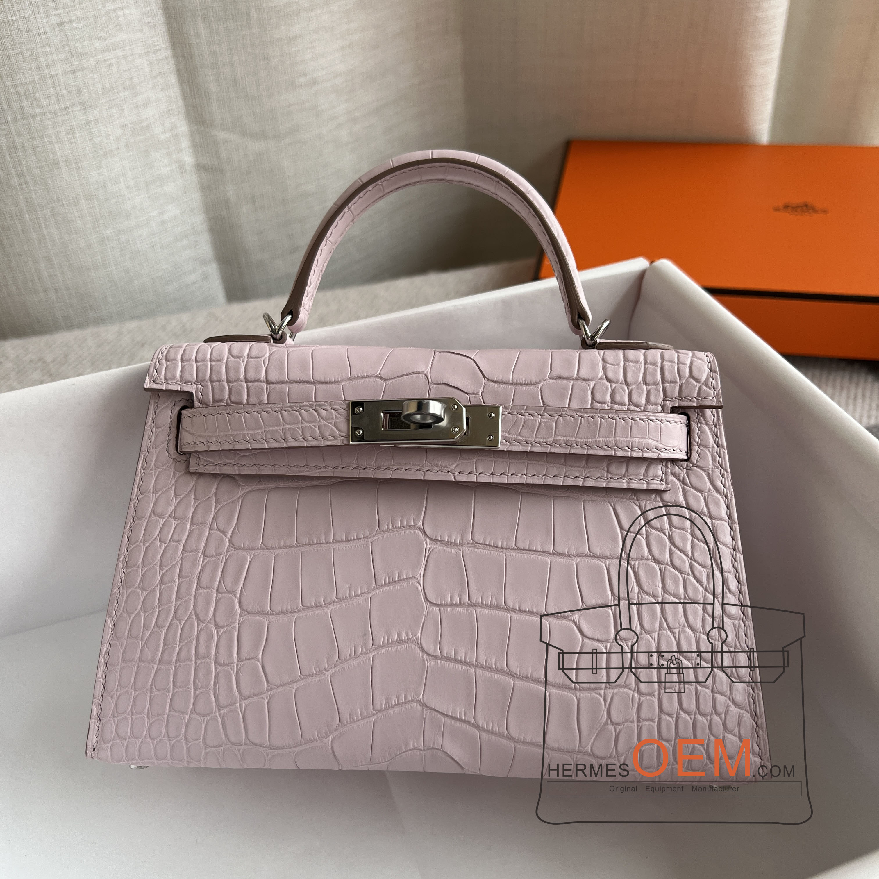 Kelly mini Matt alligator 09 Mauve pale Silver