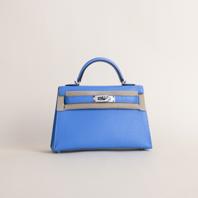 Mini kelly Chèvre leather T7 Bleu Hydra Phw