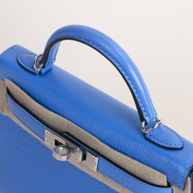 Mini kelly Chèvre leather T7 Bleu Hydra Phw