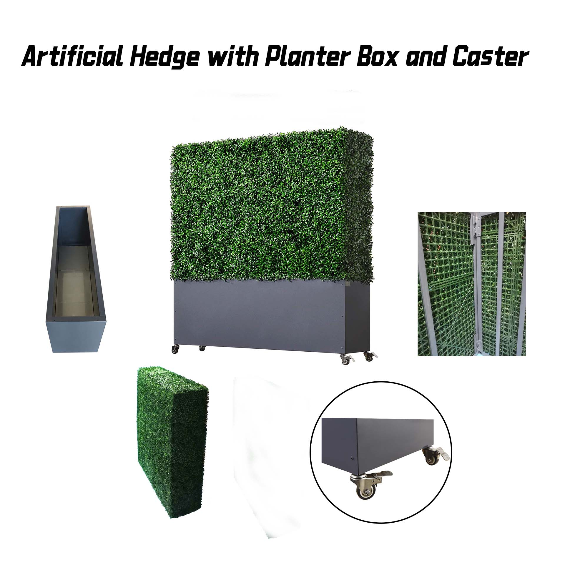 Artificial Hedge with Stainless Steel Planter Box and Caster